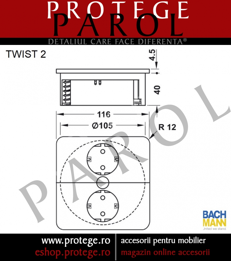 Priza incorporabila TWIST2 Bachmann, 2 x Schuko, 946.100, deschidere ...